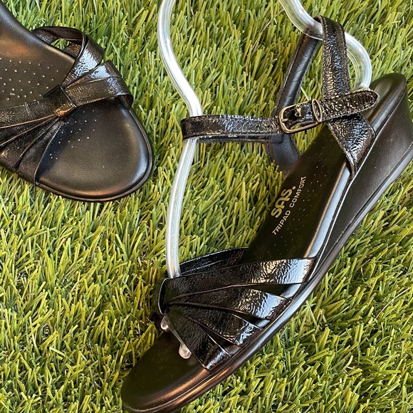 SAS | Shoes | Sas Strippy Quarter Strap Wedge Sandal Black Patent 8m ...